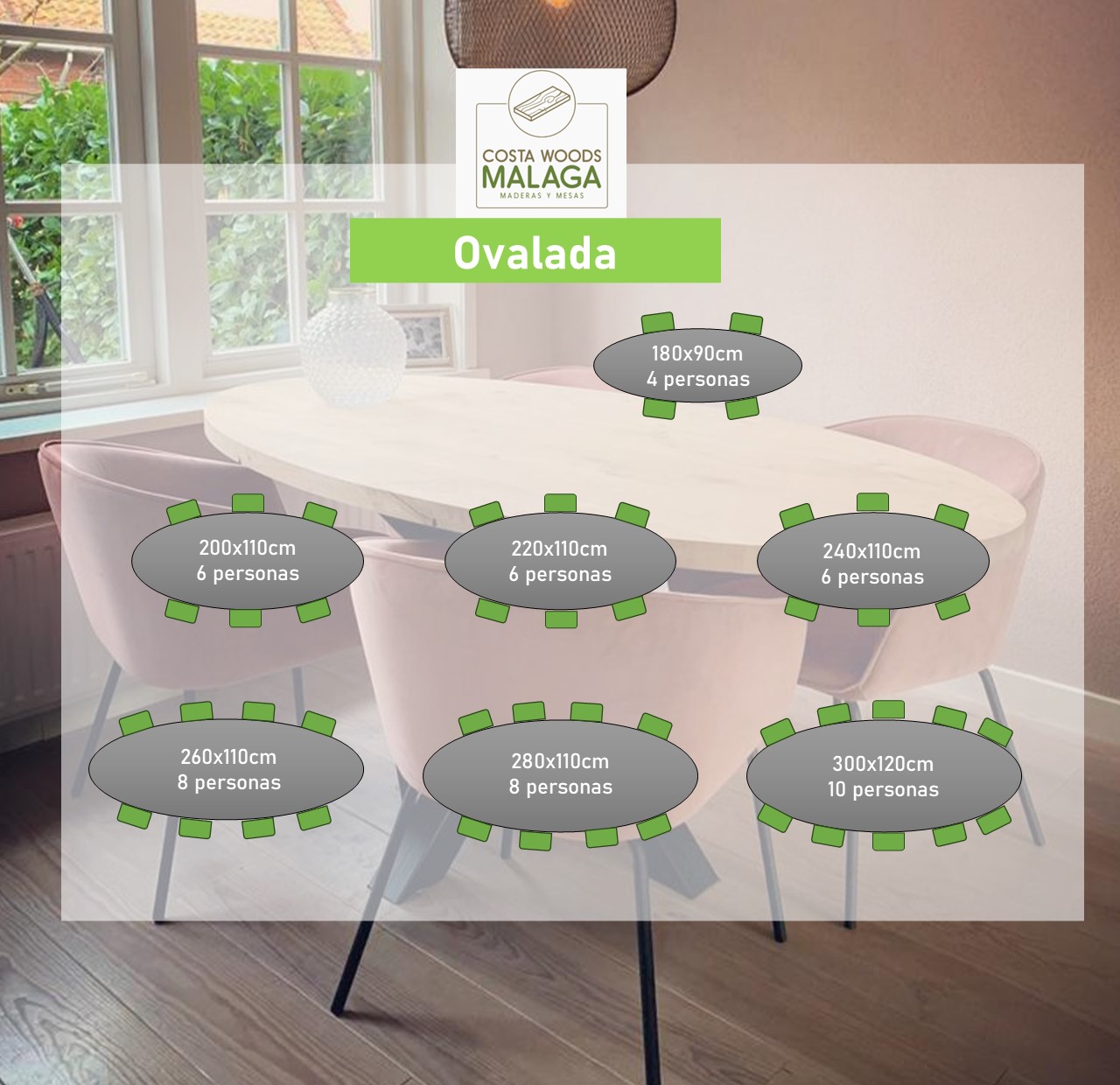 Mesa Ovalada 200 x 100cm - Madera de Roble maciza pata central 140x80 5x10cm - COSTA WOODS MALAGA